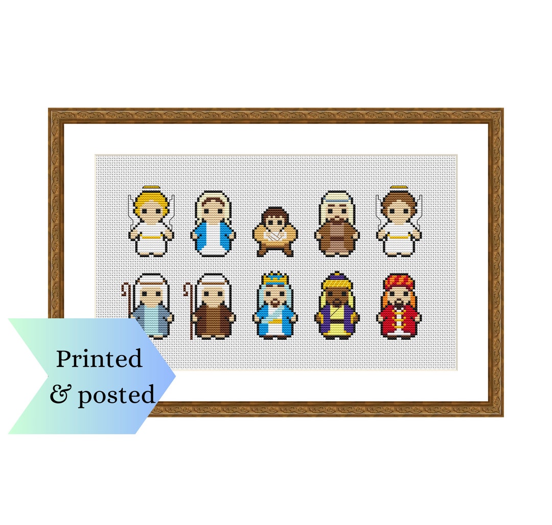 Printed Counted Cross Stitch Sampler, Mini Christmas Nativity Character ...
