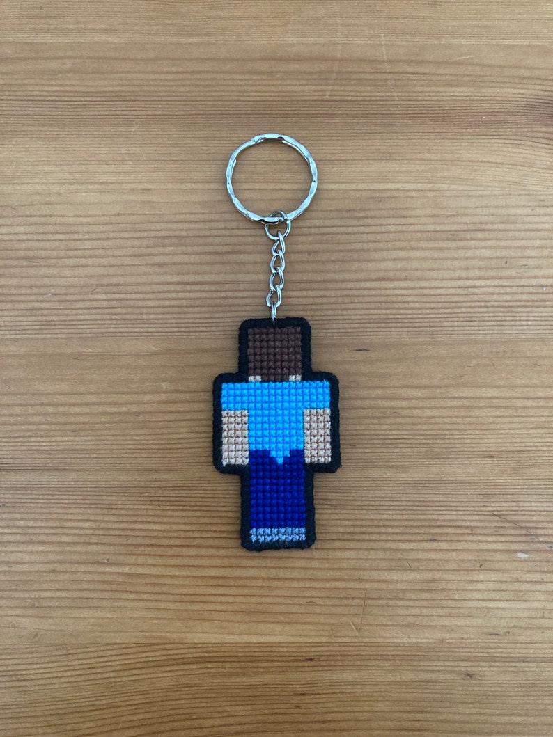 Handmade Double Sided Steve Cross Stitch Keychain, Reversible Plastic ...