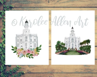 St George LDS Temple Painting Watercolor Floral Print - Etsy
