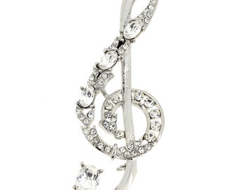 Silver Chrome Music Note Crystal Pin Brooch | Etsy