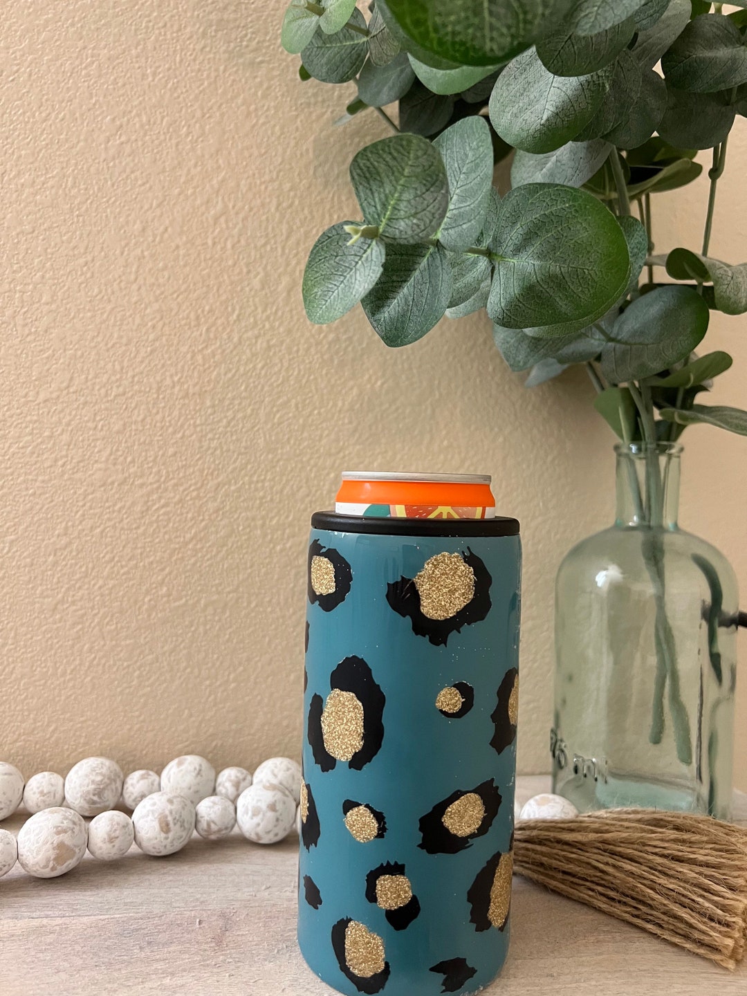 Teal Leopard Print Cooler Skinny Can Koozie - Etsy