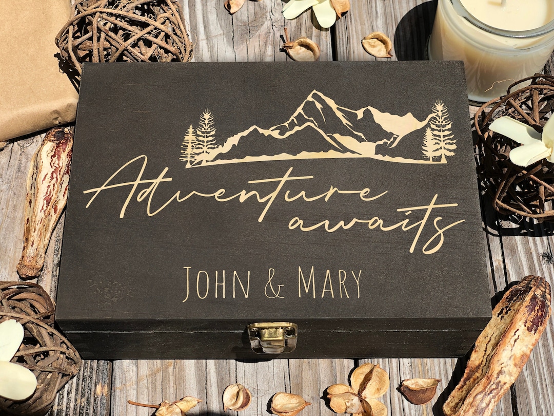 Adventure Awaits Box, Wooden Box Personalized, Keepsake Box, Mountains ...