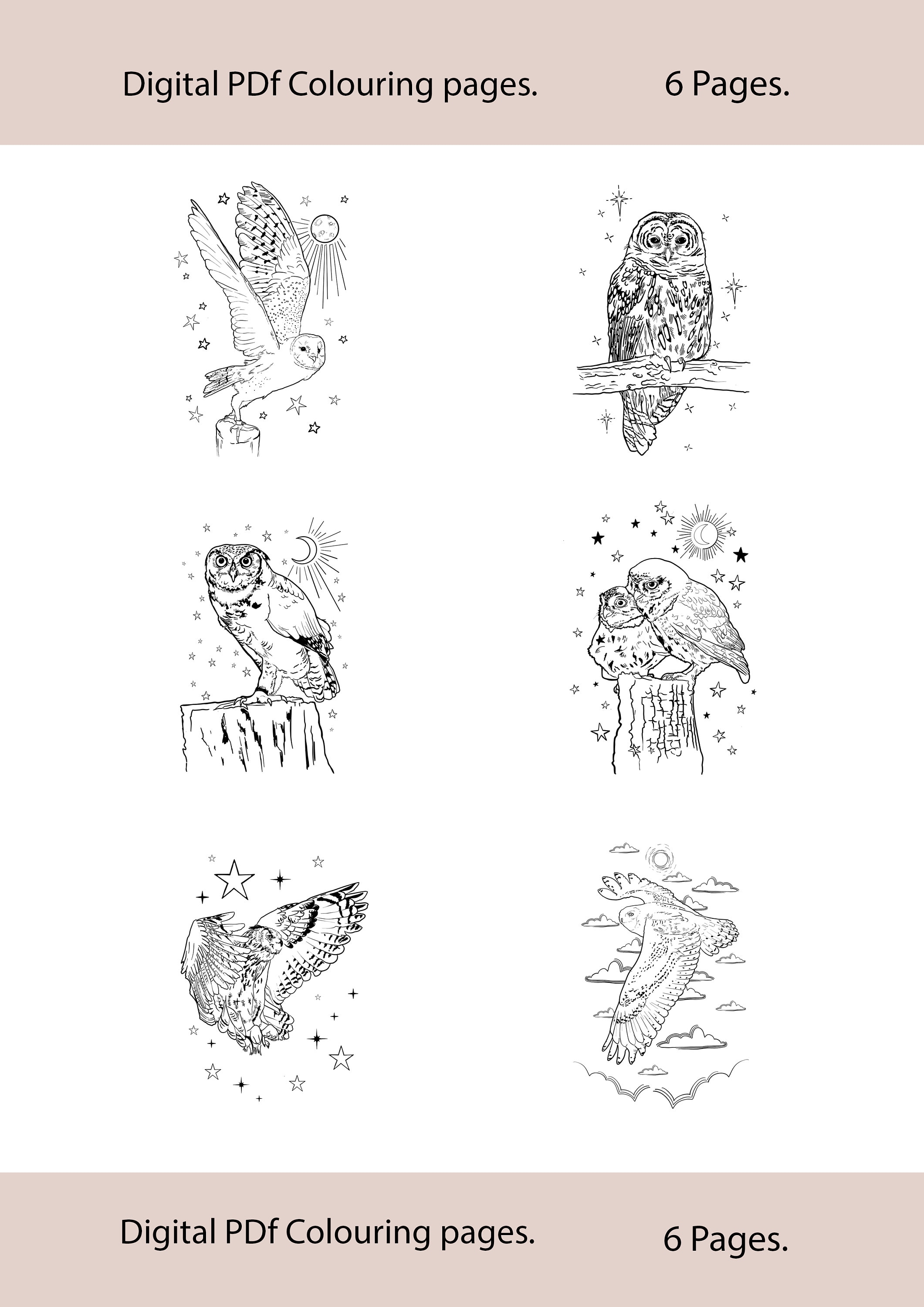 Owl Colouring Pages. Digital Download. PDF. 6 Pages. - Etsy