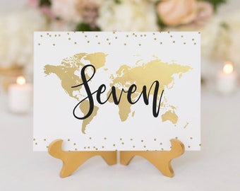 Editable Travel Theme Table Names Template Gold World Map Table Numbers ...