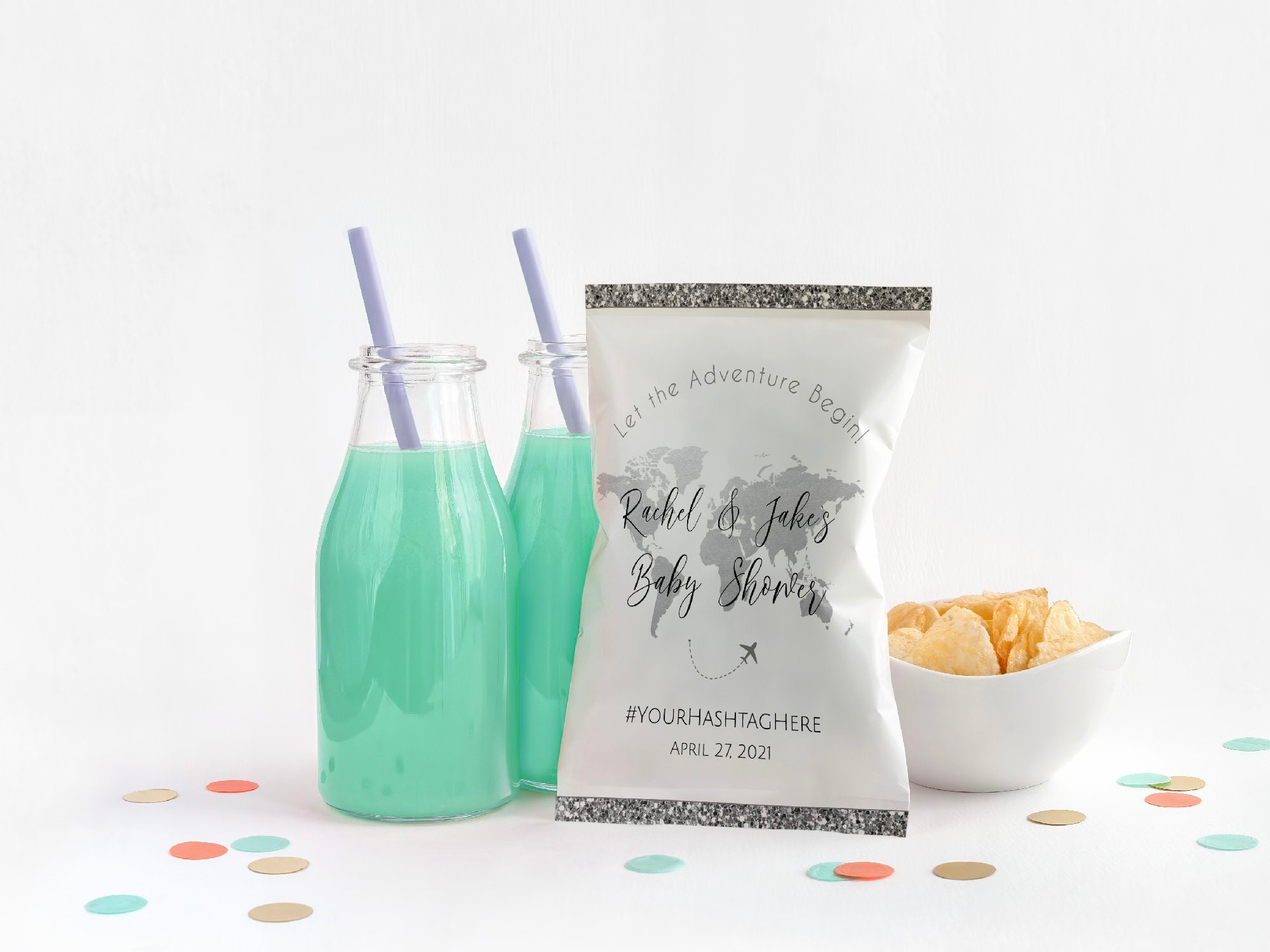Silver World Map Chip Bag Template: Travel Baby Shower (digital ...