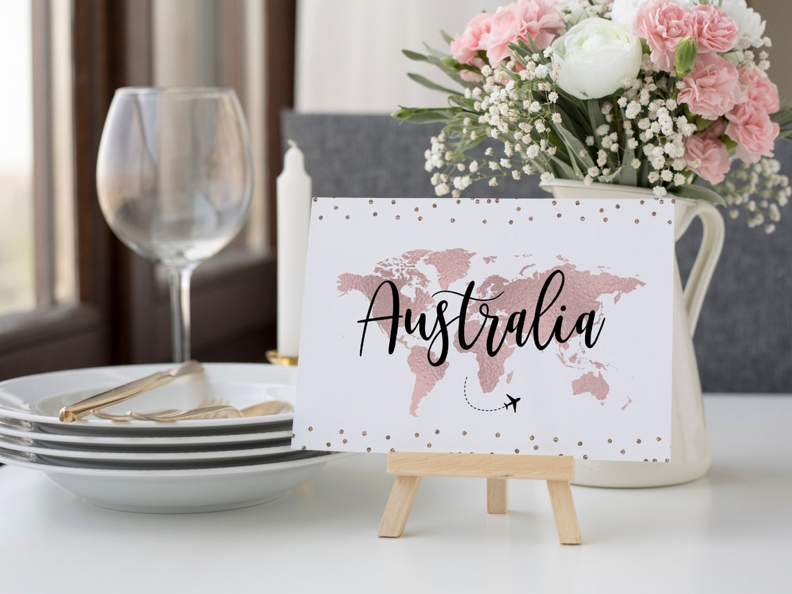 Rose Gold World Map Table Names Template Travel Theme Table | Etsy