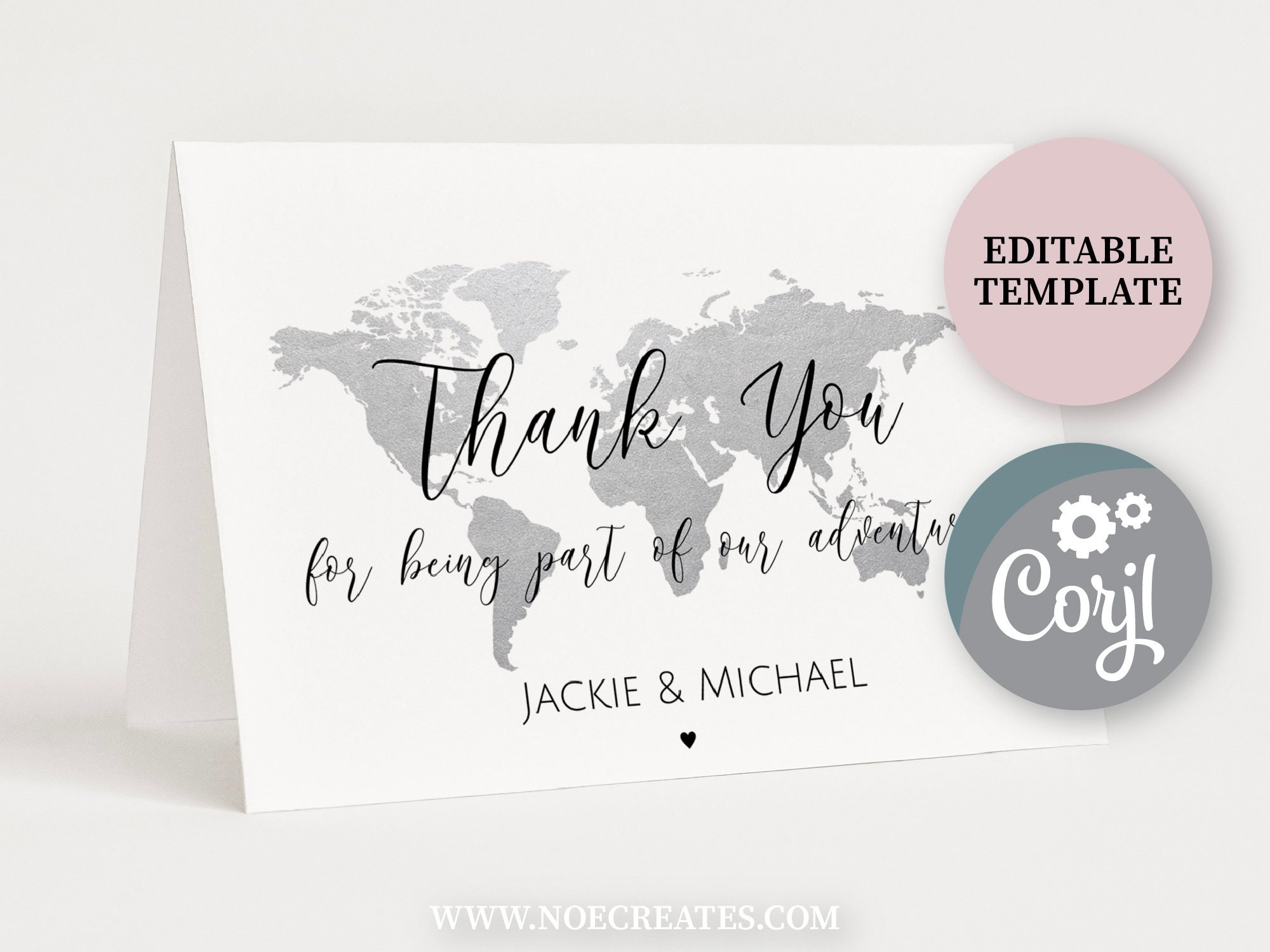 Silver Map Thank You Card Editable World Map Thank You Card | Etsy