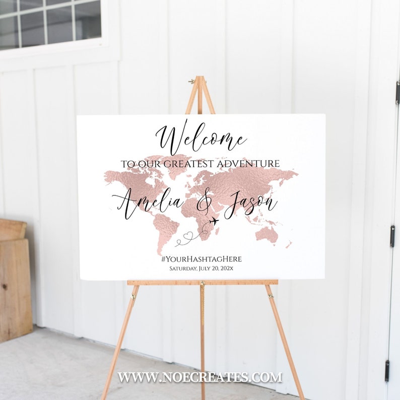 Rose Gold Map Welcome Sign: Travel Theme Wedding (printable) - Etsy