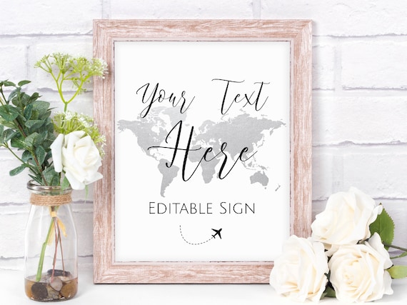 Silver World Map Sign Template Printable Travel Theme Sign - Etsy
