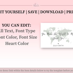 Editable Map Thank You Card, Printable World Map Thank You Card, Travel ...