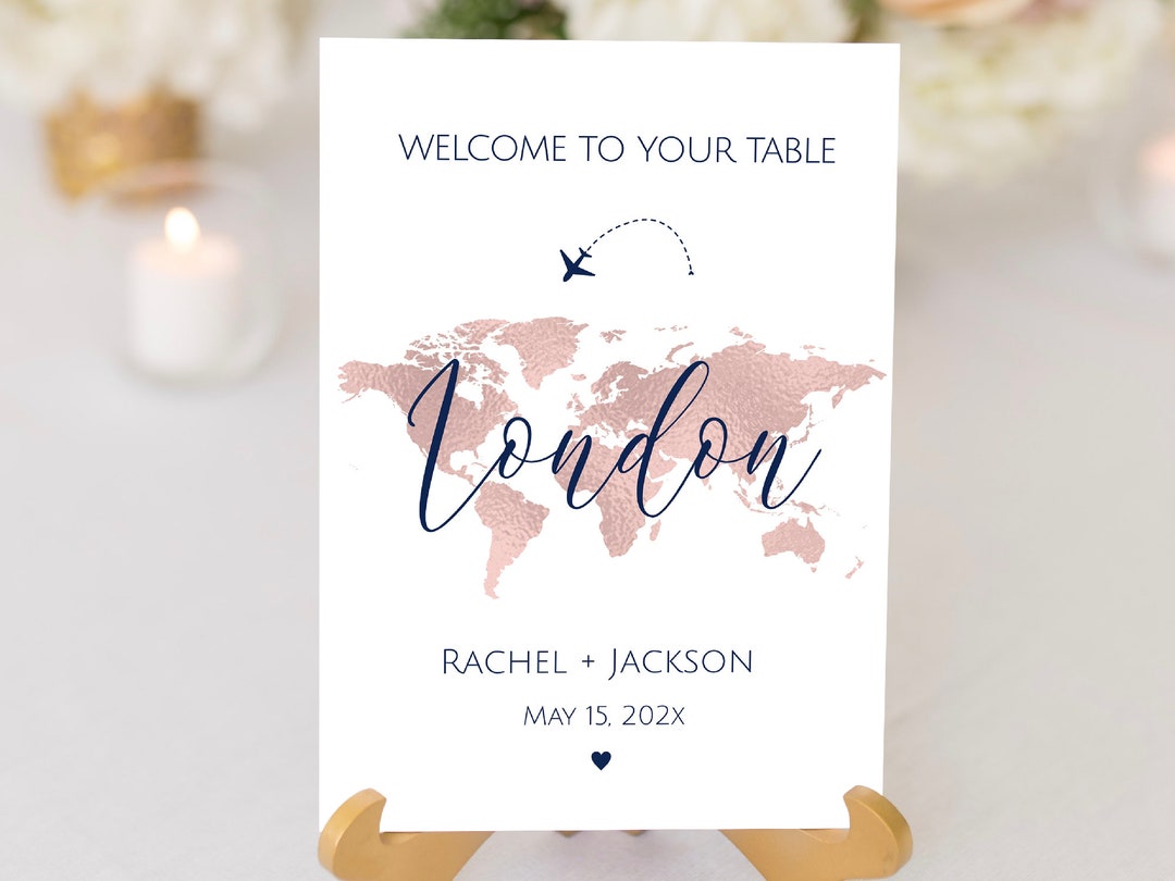 Rose Gold Map Table Names Template, Editable World Map Table Numbers ...