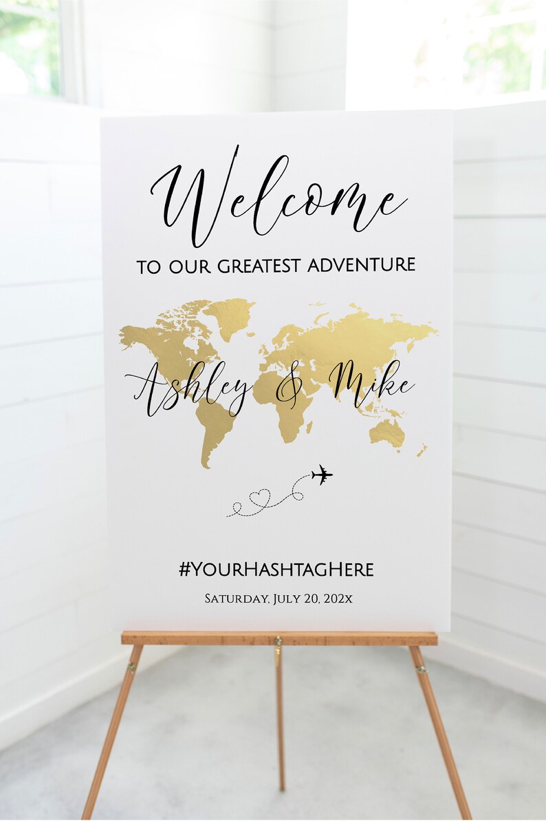 Gold World Map Wedding Welcome Sign Travel Theme Welcome Sign - Etsy