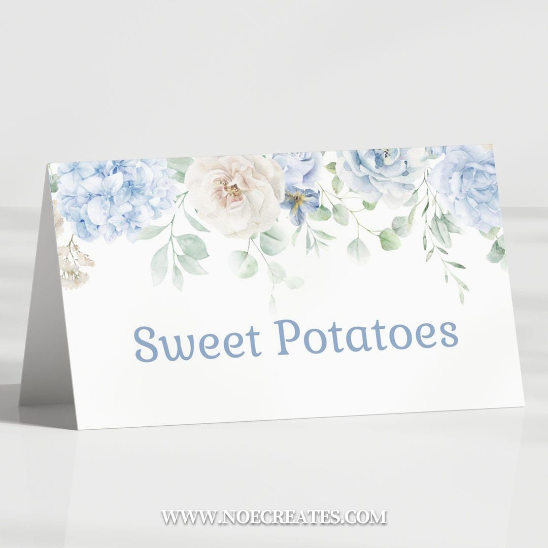 Blue Floral Food Tent Cards: Foldable Buffet Labels (digital Download ...