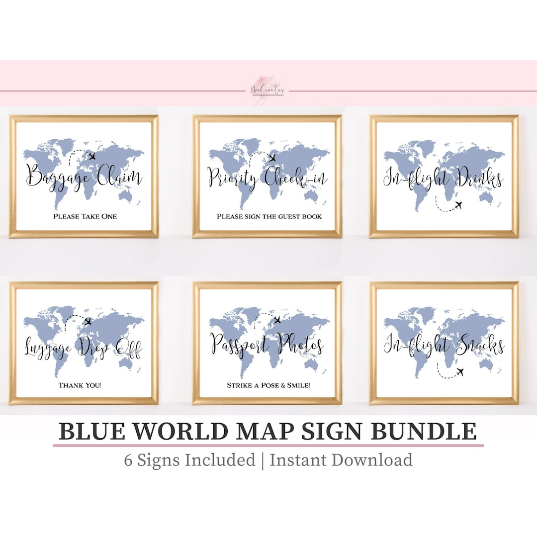 Dusty Blue World Map Signs Bundle, Travel Theme Wedding Signage, Travel ...