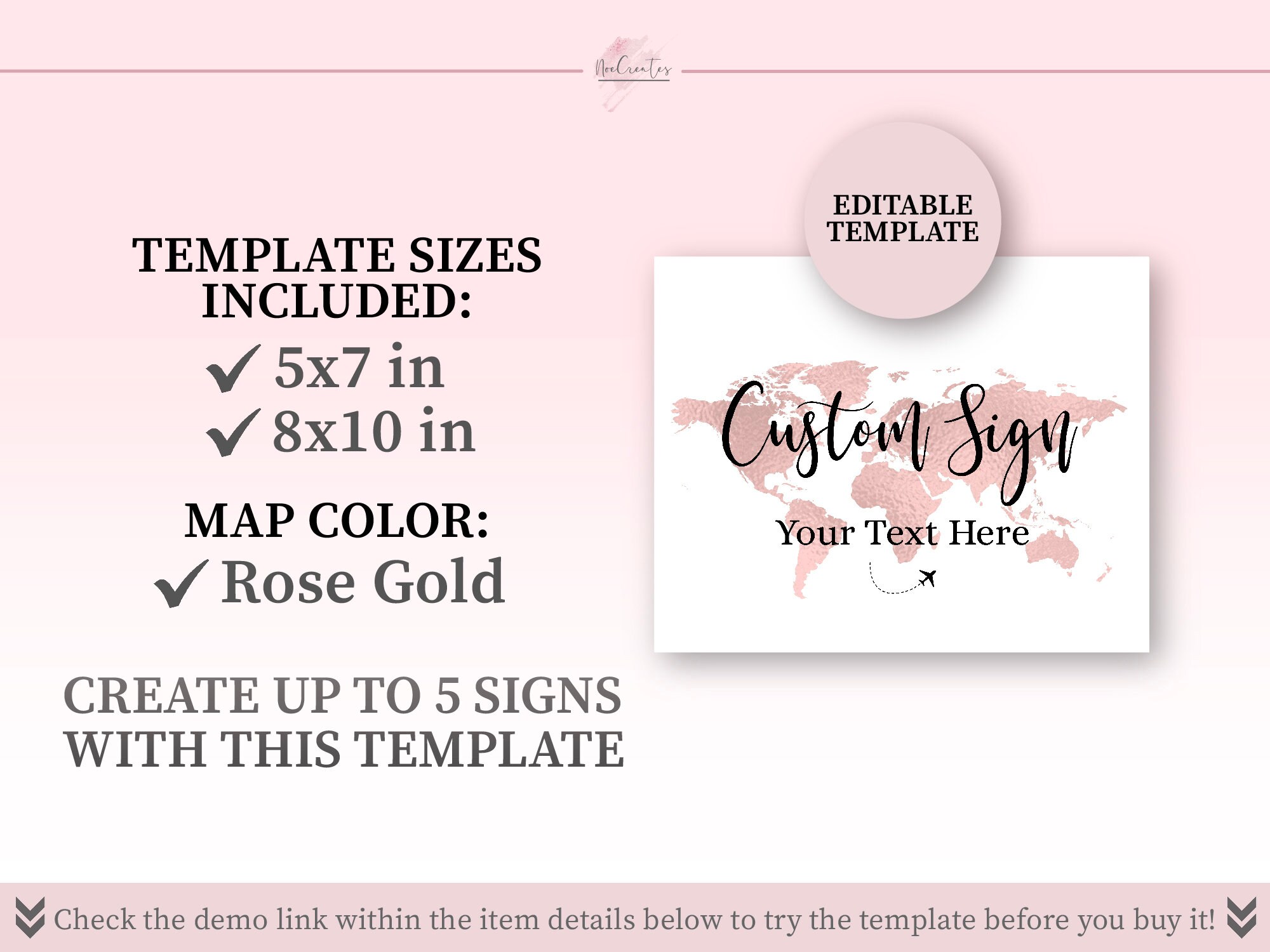 Editable Rose Gold Map Sign World Map Printable Template | Etsy