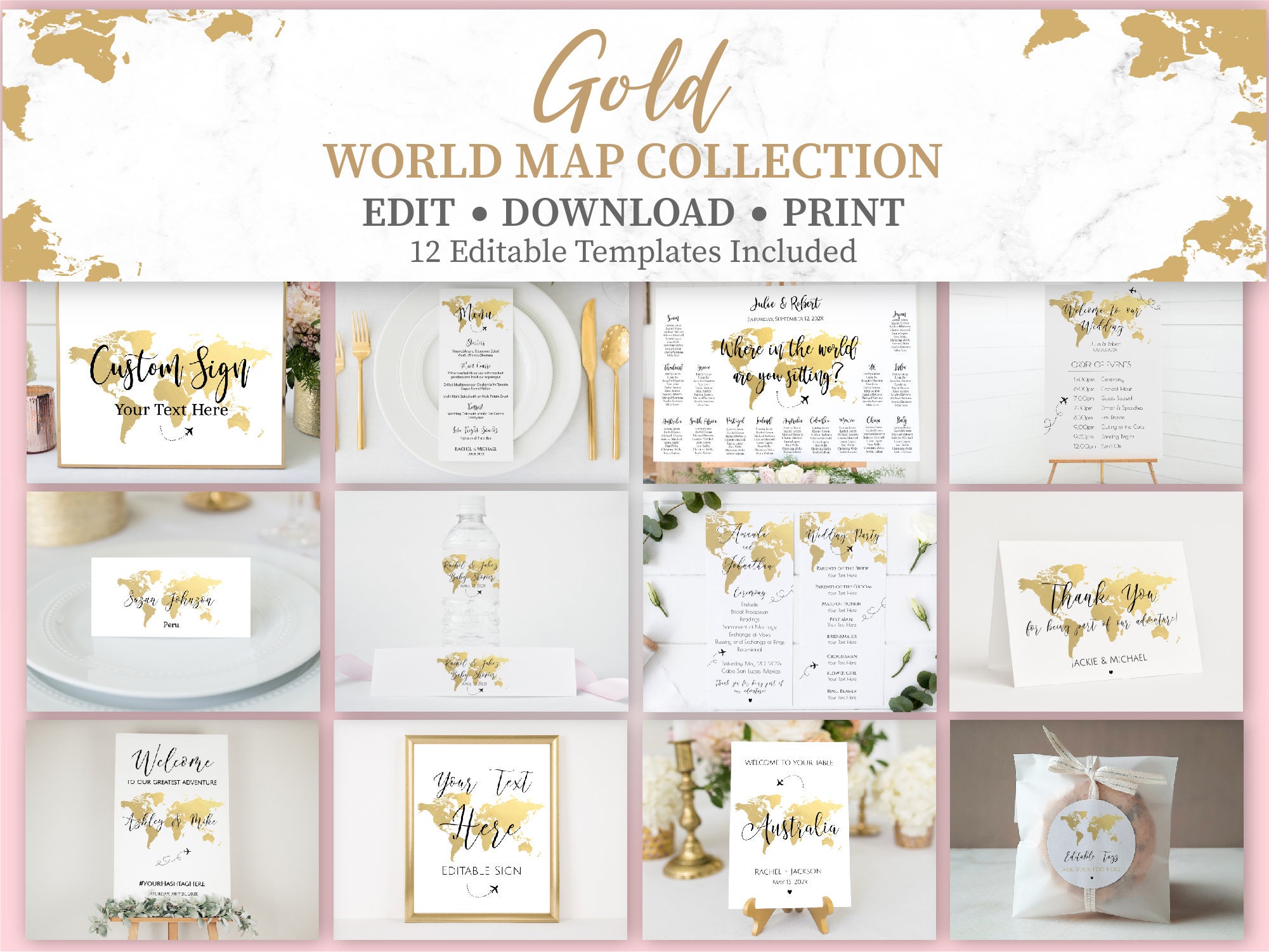 Map Wedding Sign Bundle Gold World Map Wedding Templates - Etsy
