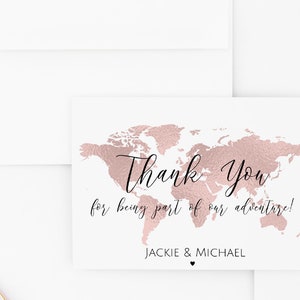 Rose Gold Map Thank You Card, Editable World Map Thank You Card, Travel ...