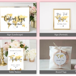 Map Wedding Sign Bundle, Gold World Map Wedding Templates, Travel Theme ...