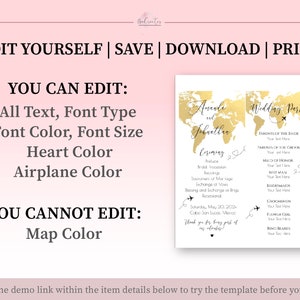 World Map Wedding Program, Travel Theme Ceremony Program Template, Gold ...