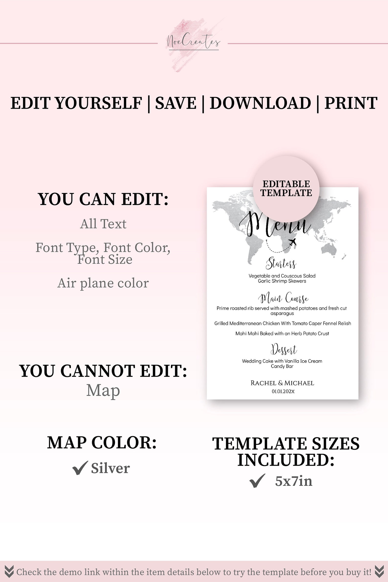 Silver Map Menu Template Editable World Map Menu Template - Etsy