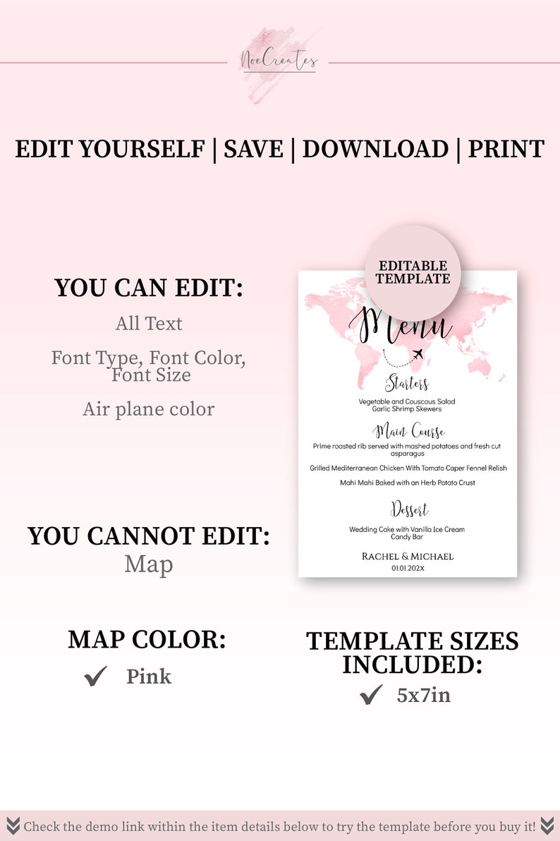 Pink Map Menu Template Editable World Map Menu Template - Etsy