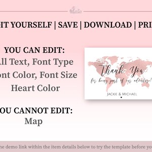 Rose Gold Map Thank You Card, Editable World Map Thank You Card, Travel ...