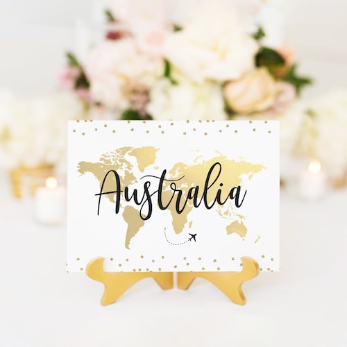 Gold World Map Table Names Template Travel Theme Table | Etsy