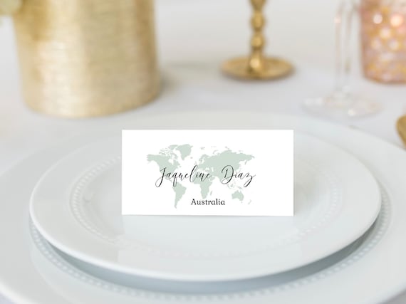 Custom World Map Foldable Place Cards Travel Theme Name | Etsy