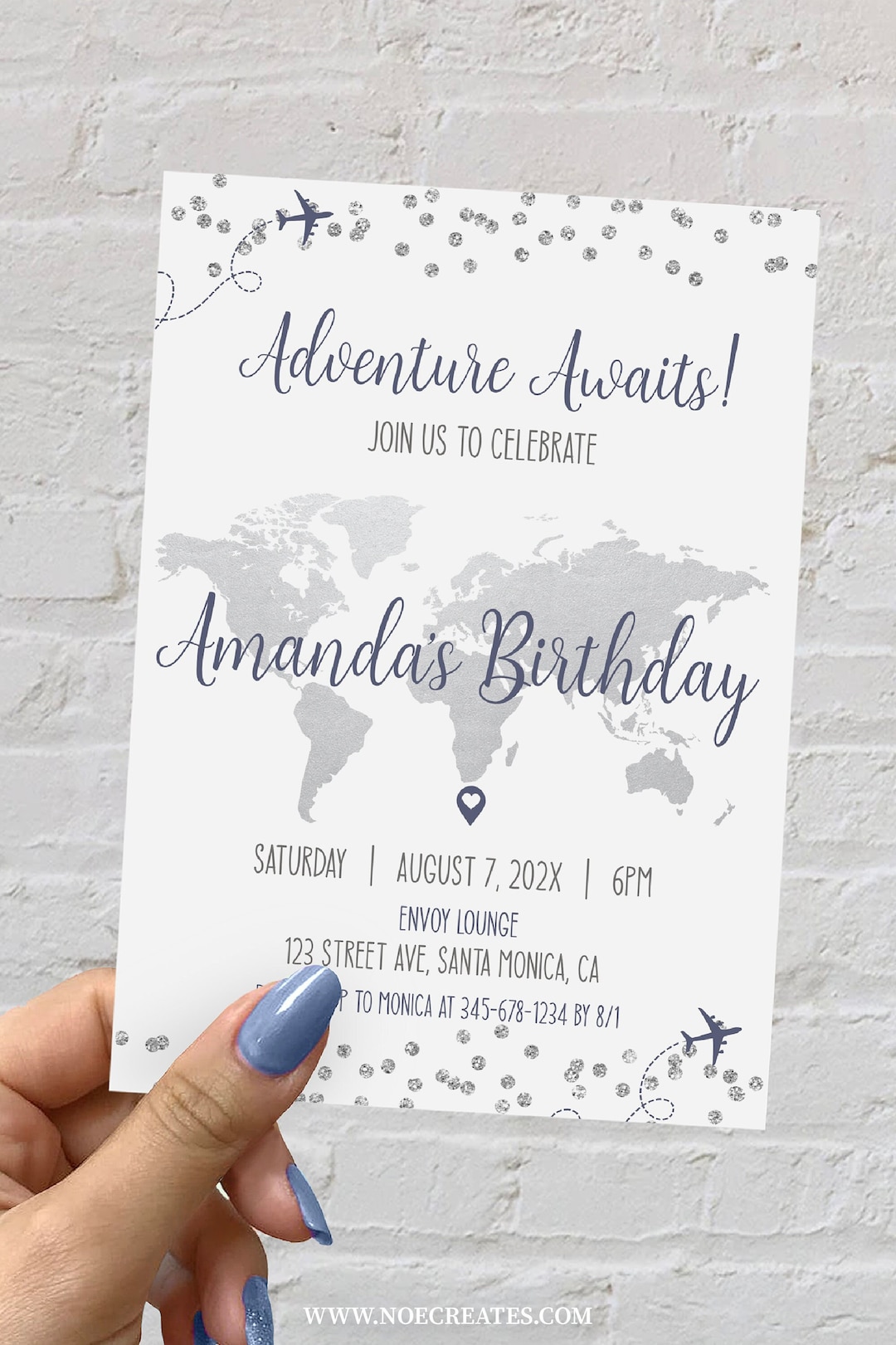 Silver World Map Birthday Invitation, Personalized Bridal Shower Invite ...