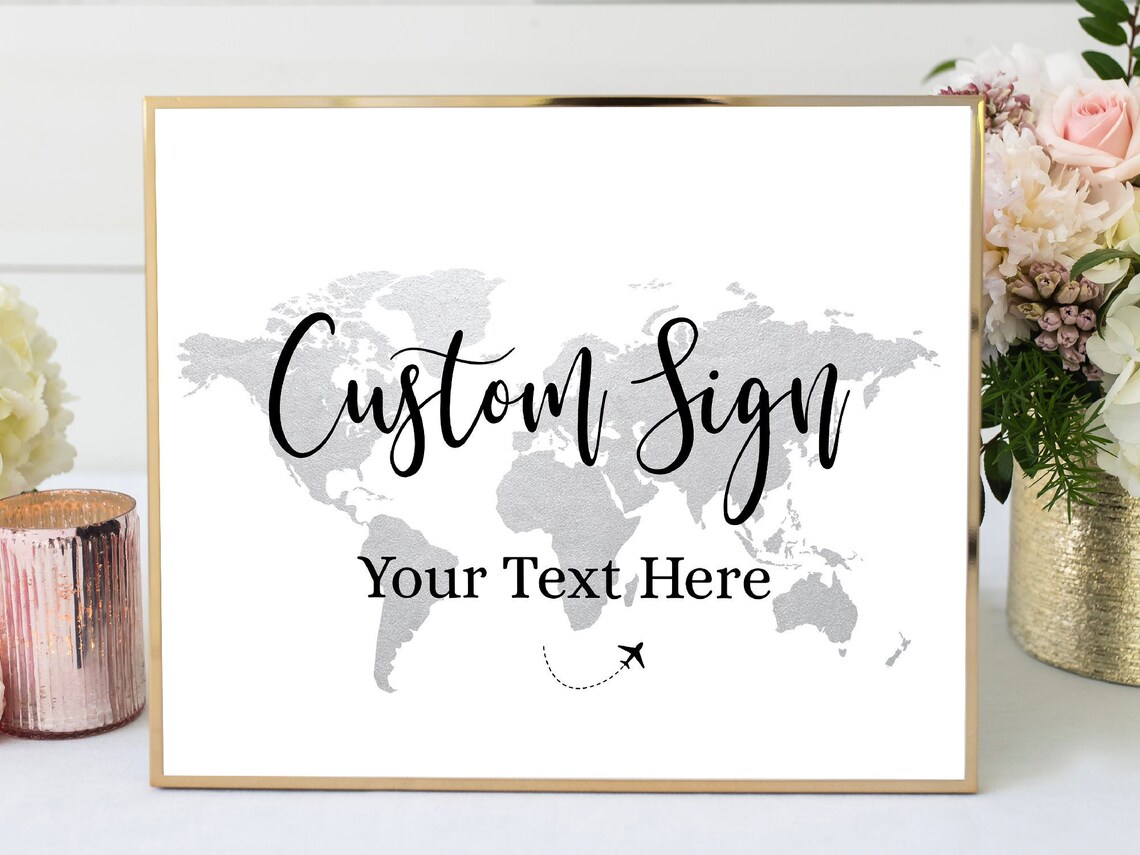 Silver World Map Sign Printable Map Sign Template Travel - Etsy