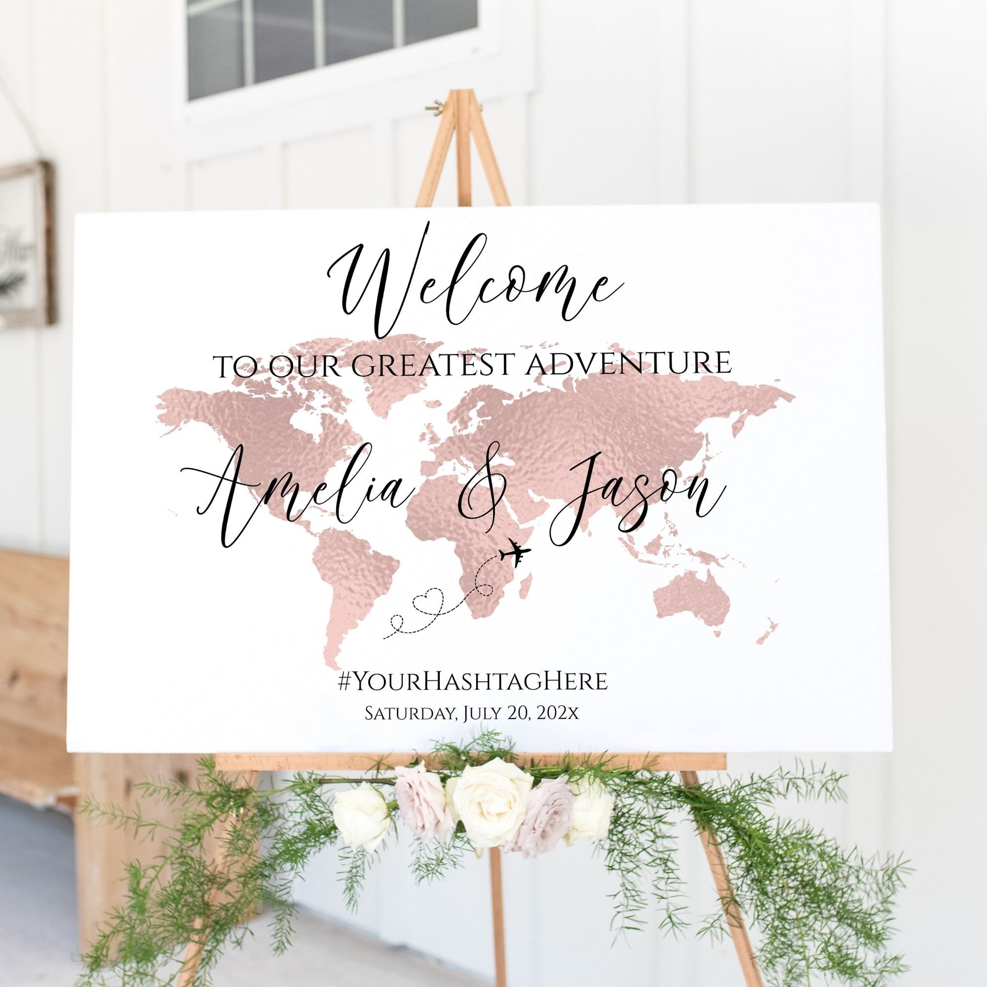 Rose Gold Map Welcome Sign: Travel Theme Wedding (printable) - Etsy
