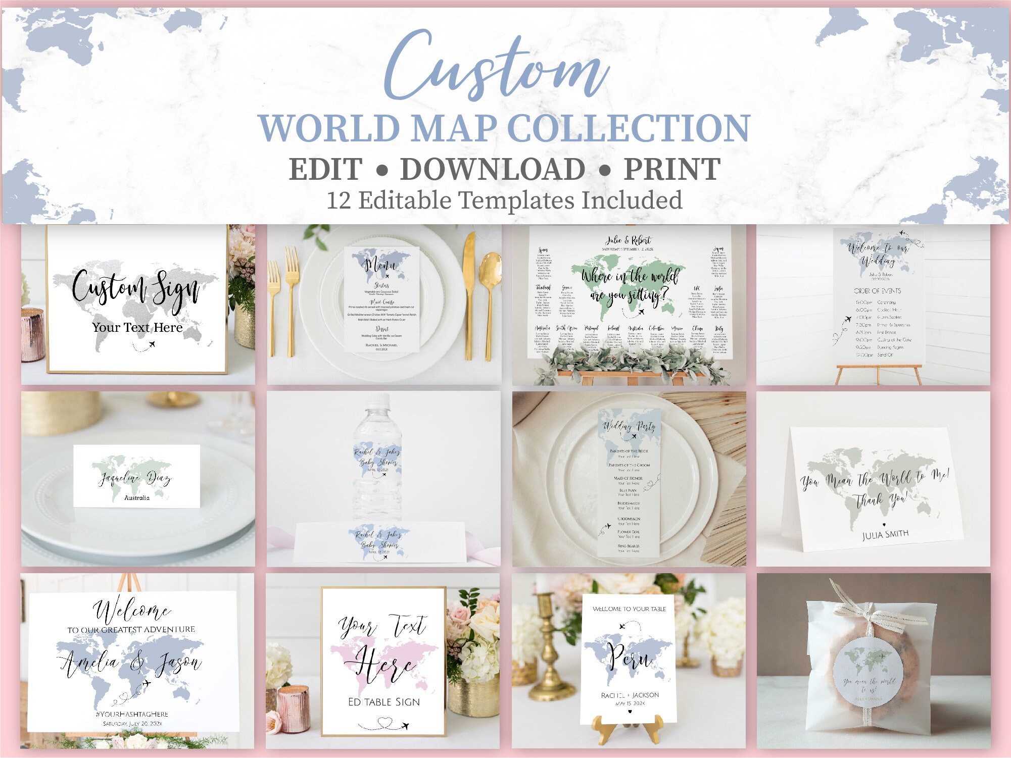 Editable World Map Wedding Template Bundle With the Map Color - Etsy