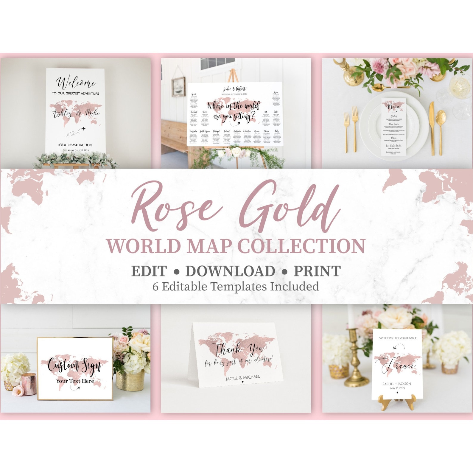 Rose Gold Map Wedding Templates Bundle, Travel Theme Bridal Shower ...