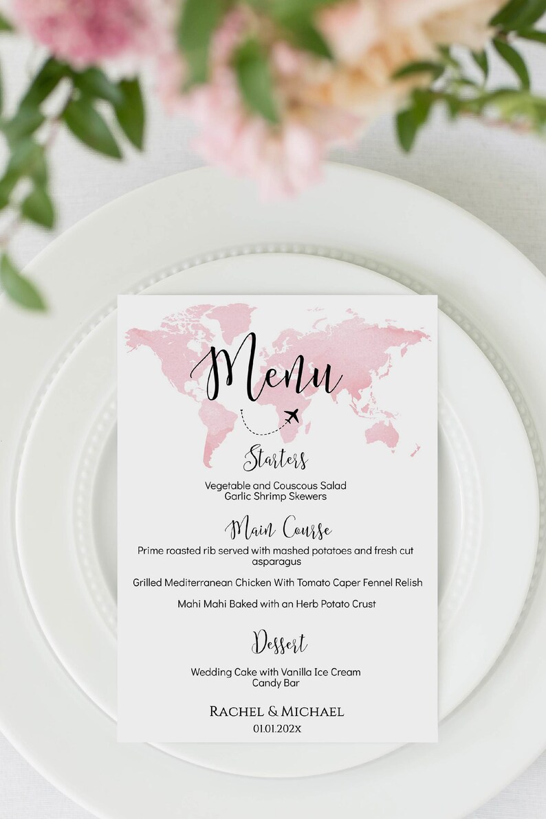Pink Map Menu Template Editable World Map Menu Template - Etsy