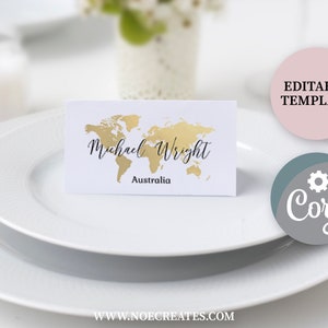 World Map Foldable Place Cards, Gold Map Travel Theme Name Cards ...