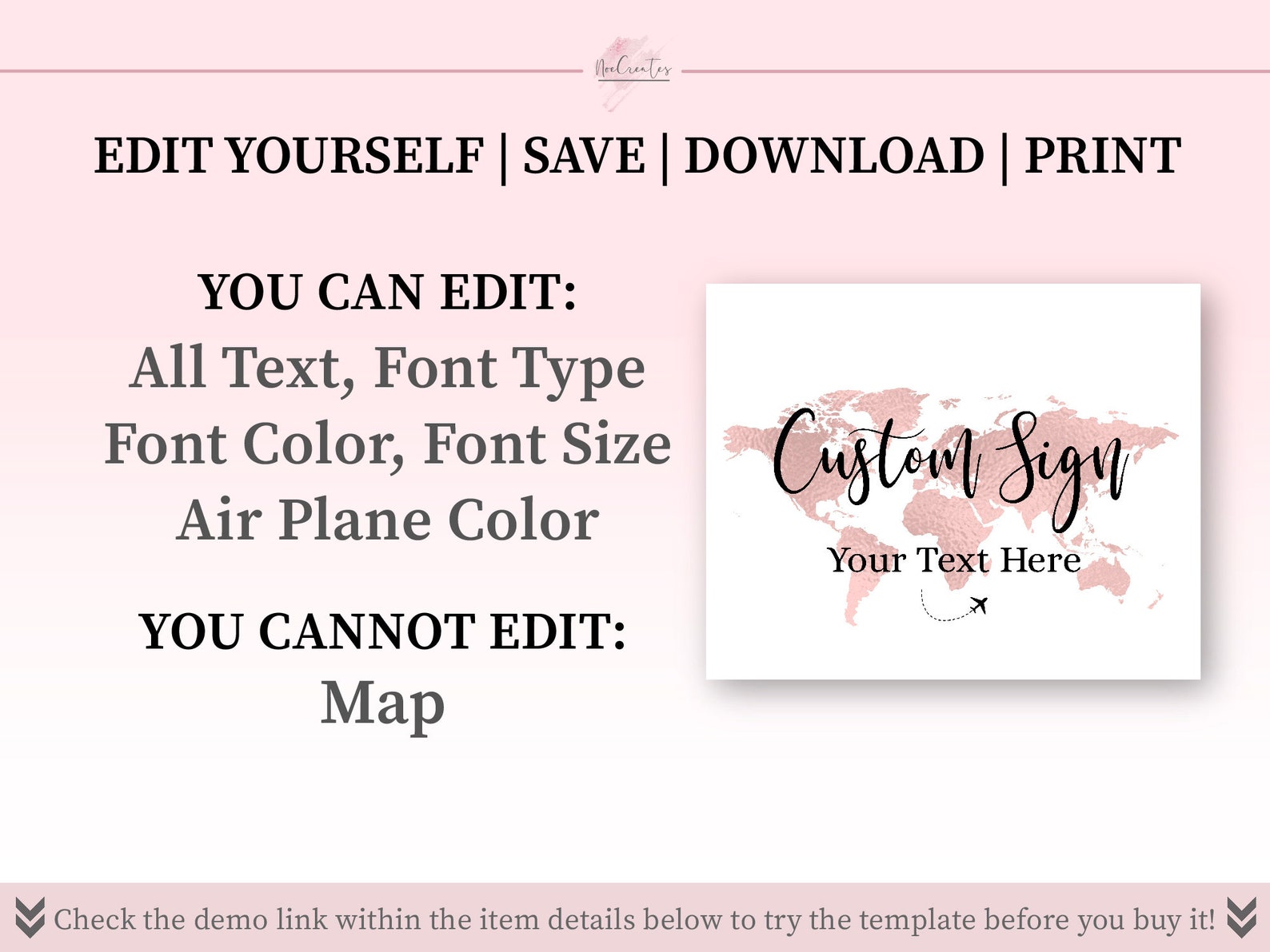 Editable Rose Gold Map Sign World Map Printable Template - Etsy