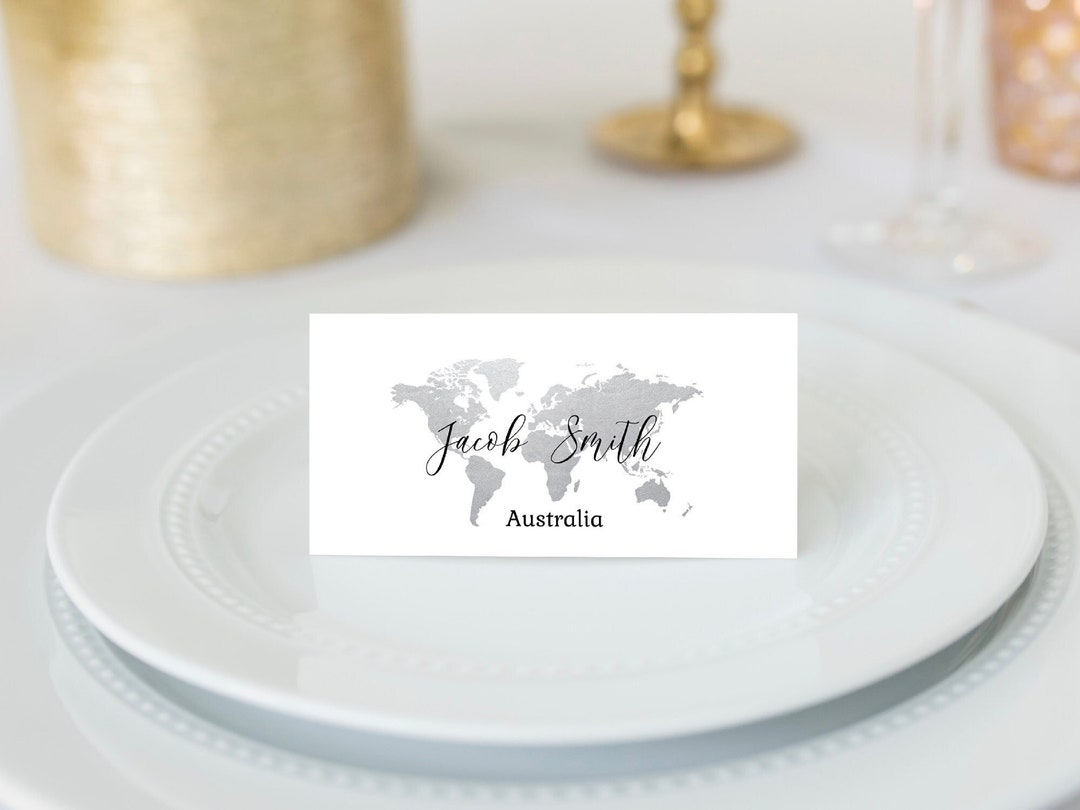 Silver World Map Foldable Place Cards, Travel Theme Name Cards ...