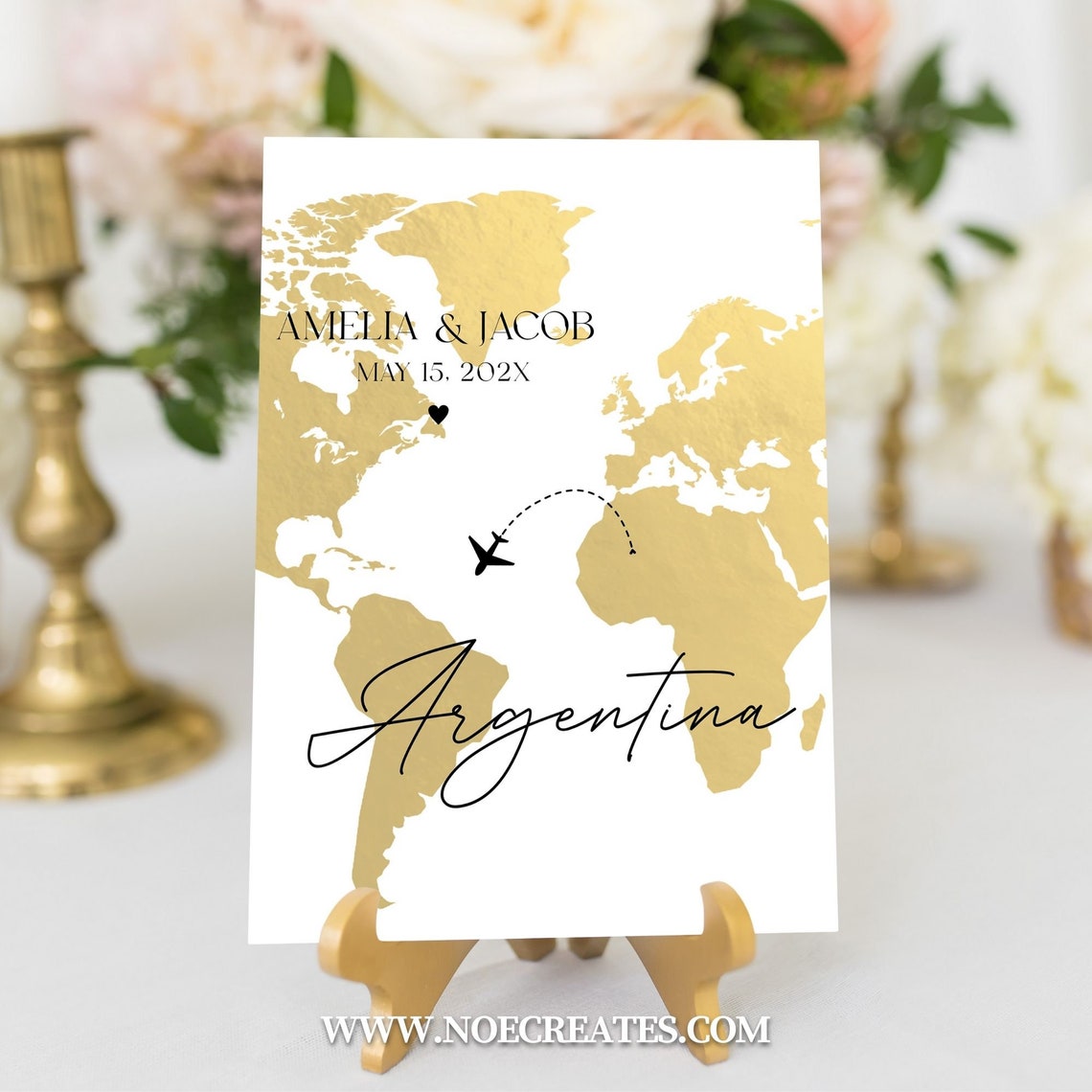 Gold World Map Wedding Table Numbers: Travel Theme (editable Template ...