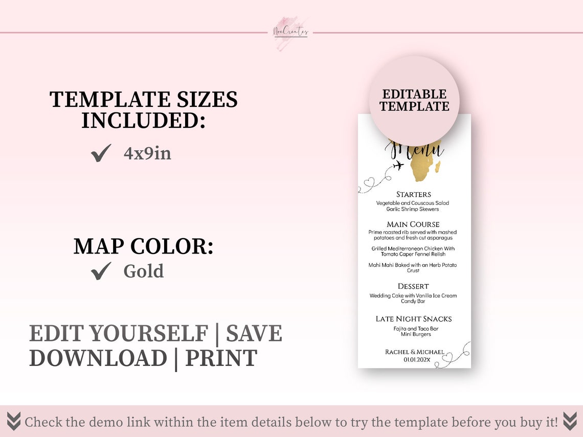 Gold Africa Map Wedding Menu Template (digital Download) - Etsy