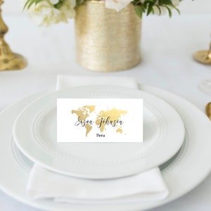World Map Foldable Place Cards, Gold Map Travel Theme Name Cards ...