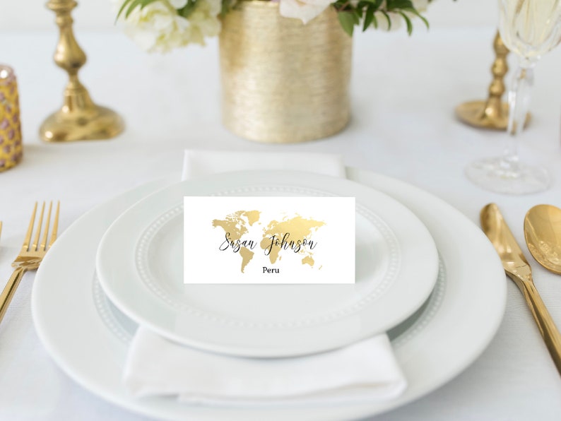World Map Foldable Place Cards Gold Map Travel Theme Name - Etsy