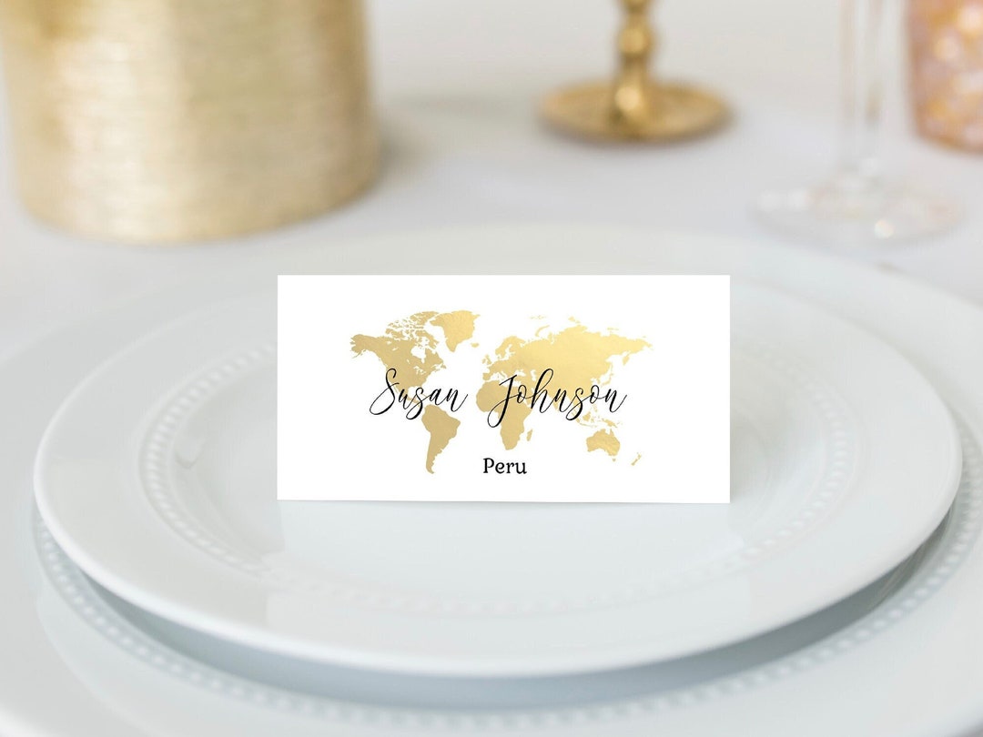 World Map Foldable Place Cards, Gold Map Travel Theme Name Cards ...