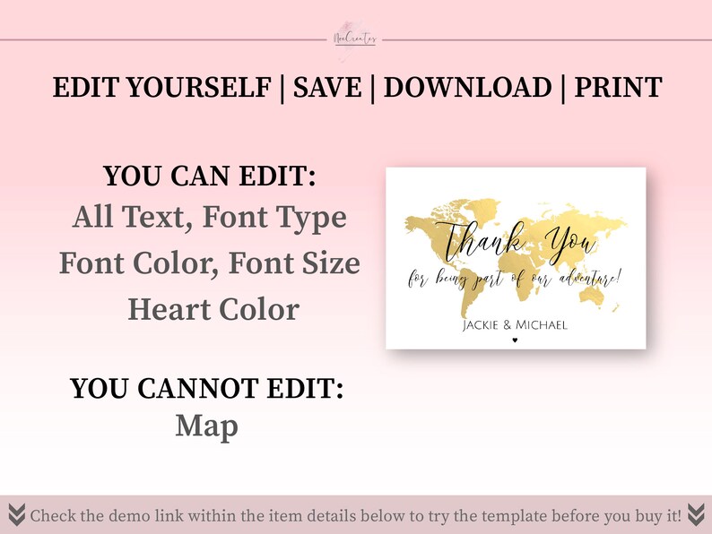 Gold World Map Thank You Card: Travel Theme, Editable (digital Download ...