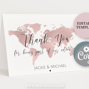 Rose Gold Map Thank You Card, Editable World Map Thank You Card, Travel ...