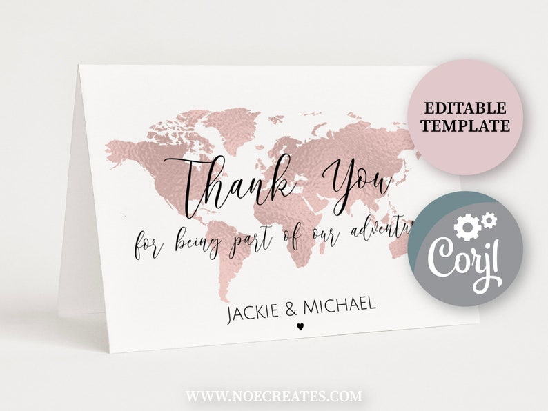 Rose Gold Map Thank You Card Editable World Map Thank You - Etsy