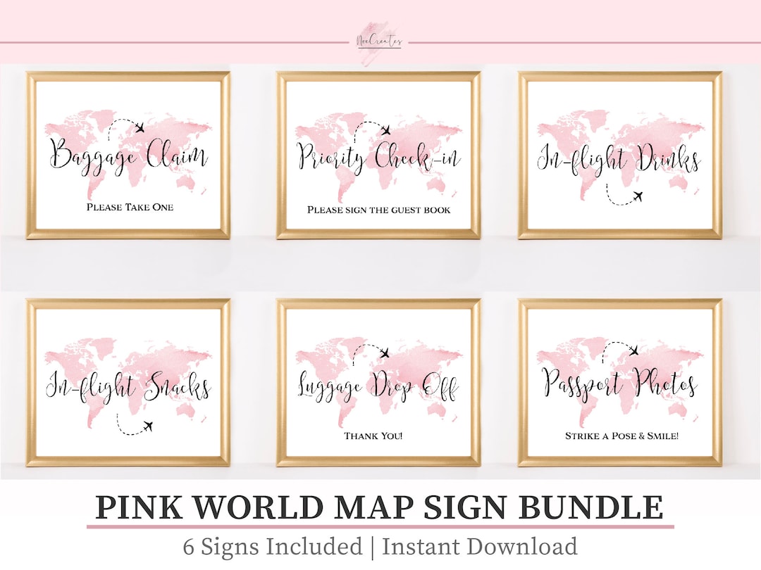 Pink World Map Signs Bundle, Pink Travel Theme Bridal Shower, Travel ...