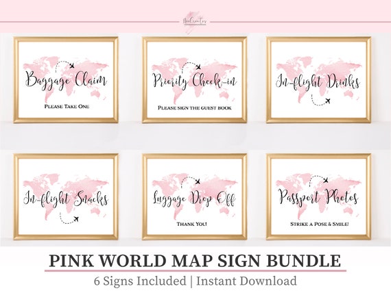 Pink World Map Signs Bundle Pink Travel Theme Bridal Shower - Etsy