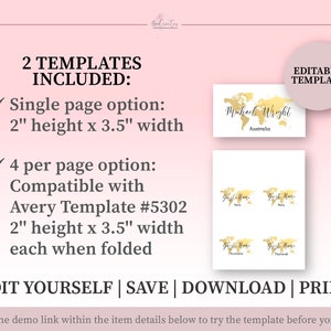 World Map Foldable Place Cards, Gold Map Travel Theme Name Cards ...