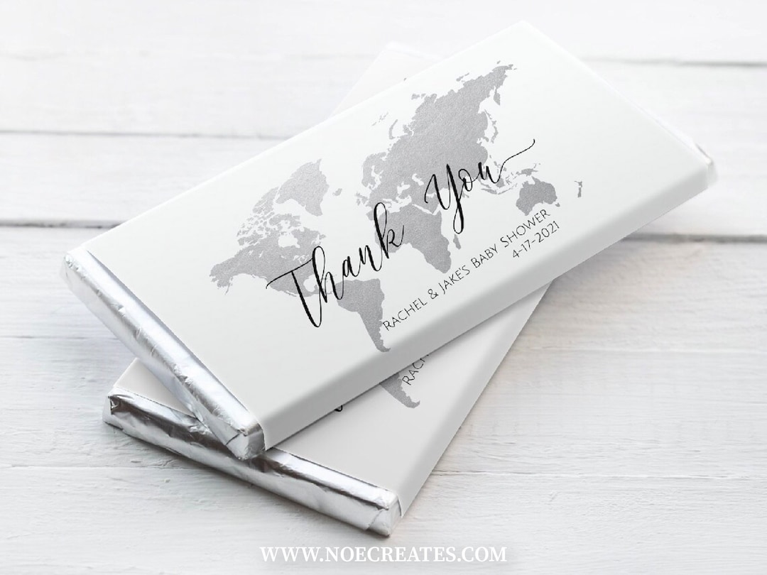 Silver World Map Chocolate Bar Wrapper: Travel Party Favors (digital ...