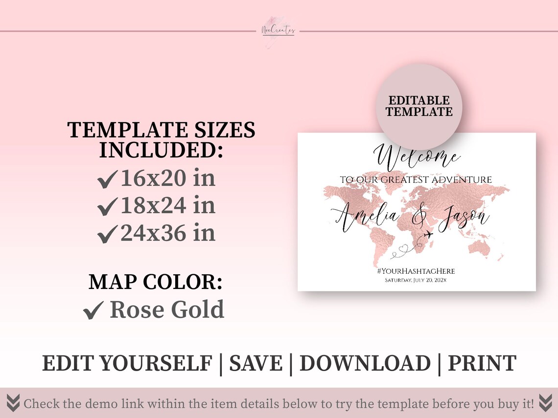 Rose Gold Map Welcome Sign Template Printable Welcome Sign - Etsy